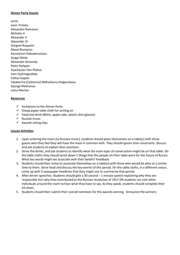 Tsarist Russia 1855-1917 Revision: Key Individuals Dinner Party ...