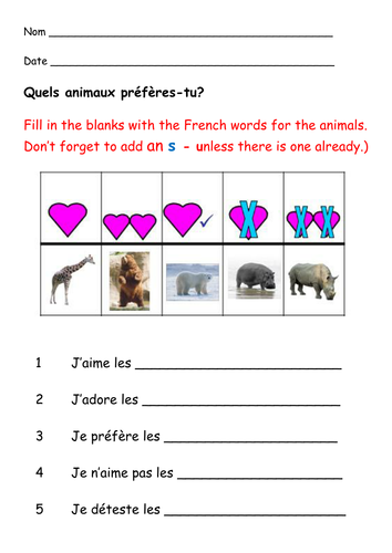 French zoo animals + preferences sheet | Teaching Resources