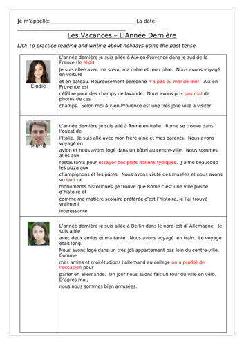 FRENCH - Holidays - Les Vacances - L'Année Dernière - Worksheets ...