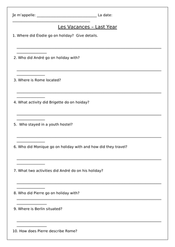 FRENCH - Holidays - Les Vacances - L'Année Dernière - Worksheets ...
