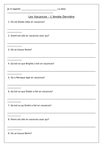 FRENCH - Holidays - Les Vacances - L'Année Dernière - Worksheets ...