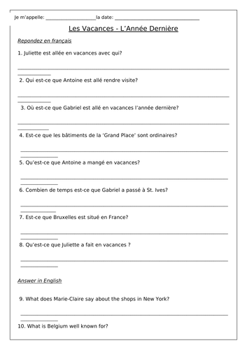 FRENCH - Holidays - Les Vacances - L'Année Dernière - Worksheets ...