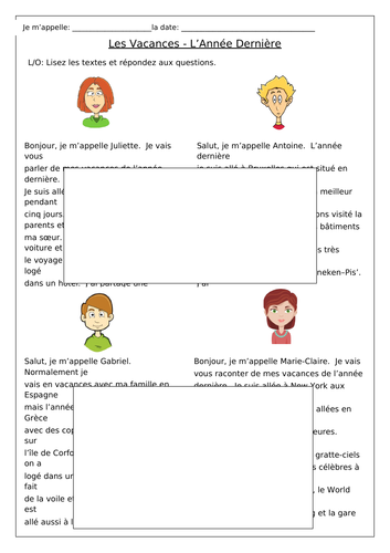 FRENCH - Holidays - Les Vacances - L'Année Dernière - Worksheets ...
