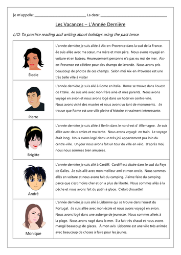FRENCH - Holidays - Les Vacances - L'Année Dernière - Worksheets ...