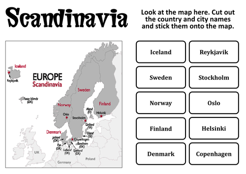 SCANDINAVIA - RESOURCES KS2-3 GEOGRAPHY MAP DENMARK ICELAND NORWAY ...