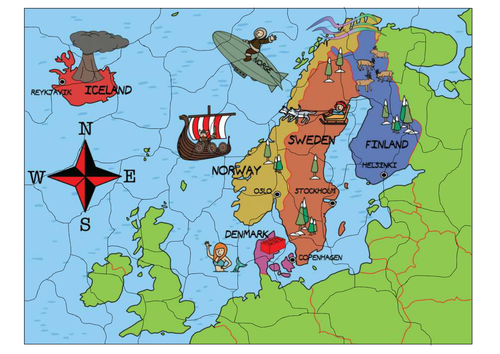 SCANDINAVIA - RESOURCES KS2-3 GEOGRAPHY MAP DENMARK ICELAND NORWAY ...