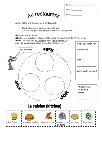 FRENCH FOOD La nourriture Worksheet 3 - Au restaurant Starter ...