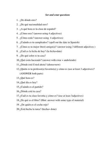 ser estar questions | Teaching Resources