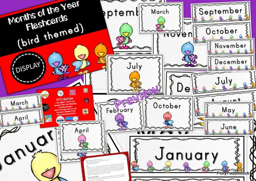 Months of the Year Flashcards (bird themed) | Teaching Resources