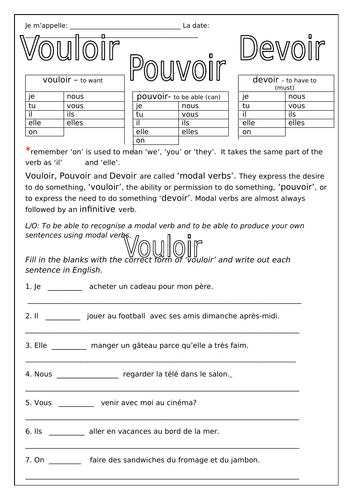 FRENCH - MODAL VERBS - VOULOIR-POUVOIR-DEVOIR - Worksheets | Teaching ...