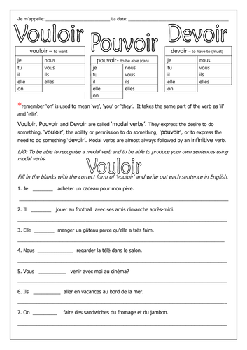 FRENCH - MODAL VERBS - VOULOIR-POUVOIR-DEVOIR - Worksheets | Teaching ...