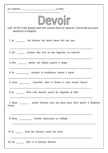 FRENCH - MODAL VERBS - VOULOIR-POUVOIR-DEVOIR - Worksheets | Teaching ...