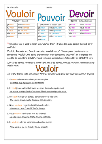 FRENCH - MODAL VERBS - VOULOIR-POUVOIR-DEVOIR - WORKSHEETS | Teaching ...