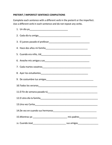 preterit imperfect sentence completions | Teaching Resources