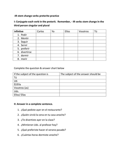 ir stem change verbs preterit practice | Teaching Resources