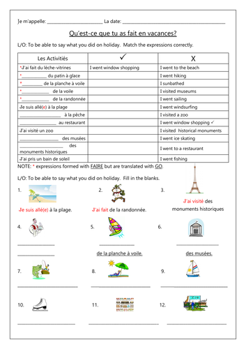 FRENCH - Les Vacances - Les Activitiés (present & past tenses ...