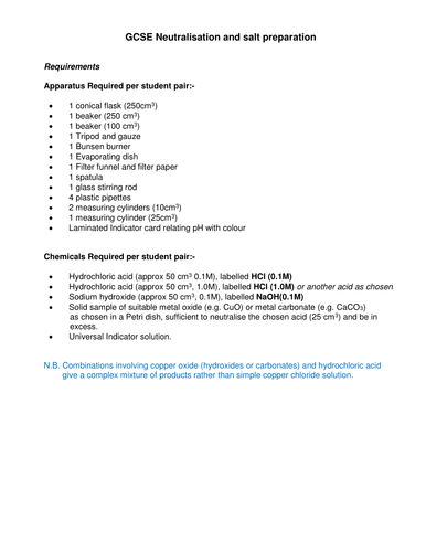 Chemistry (GCSE) Neutralization and salt preparation | Teaching Resources