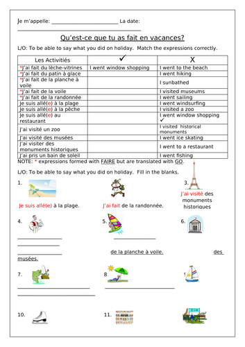 FRENCH - Les Vacances - Les Activitiés (present & past tenses ...