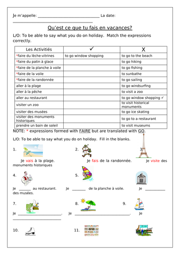 FRENCH - Les Vacances - Les Activitiés (present & past tenses ...