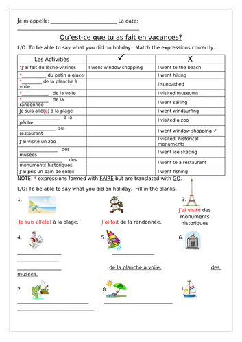 FRENCH - Les Vacances - Les Activitiés (present & past tenses ...