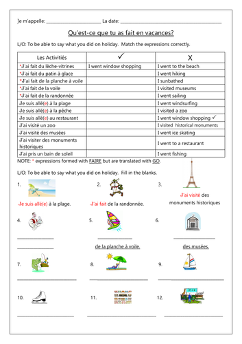 FRENCH - Les Vacances - Les Activitiés (present & past tenses ...