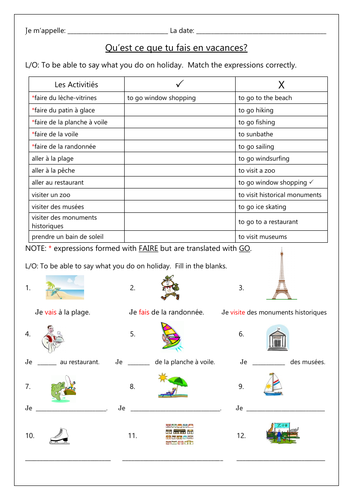 FRENCH - Les Vacances - Les Activitiés (present & past tenses ...