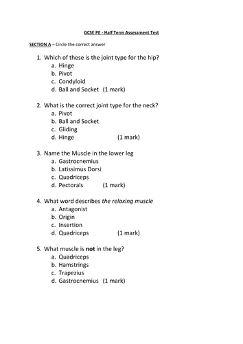 AQA GCSE PE 2016 Spec - Muscles and CV system test | Teaching Resources AQA GCSE PE 2016 Spec - Muscles and CV system test | Teaching Resources