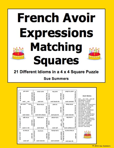 French Avoir Expressions 4 x 4 Matching Squares Puzzle | Teaching Resources