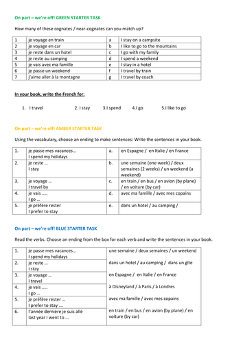 Les vacances - KS3 vocab, graded starter and writing activity ...