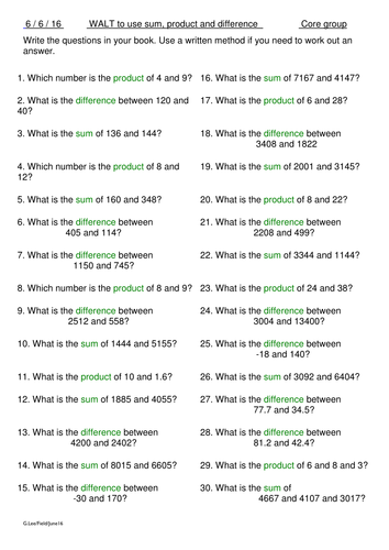 Product, sum and difference, Maths questions | Teaching Resources