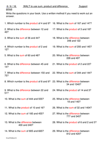 Product, sum and difference, Maths questions | Teaching Resources