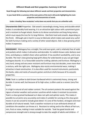 Wood Properties and Characteristic literacy focus lesson new vocabulary ...