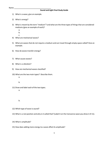 Waves: Sound and Light Study Guide | Teaching Resources