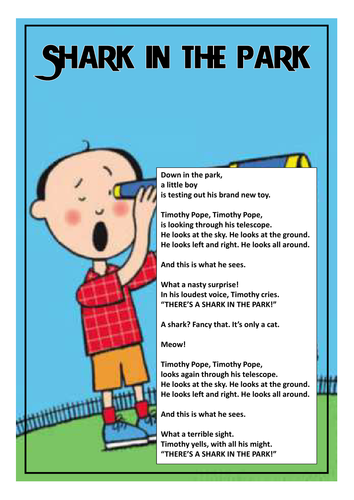 SHARK IN THE PARK STORY TEACHING RESOURCES LITERACY READING EYFS KS 1-2 ...