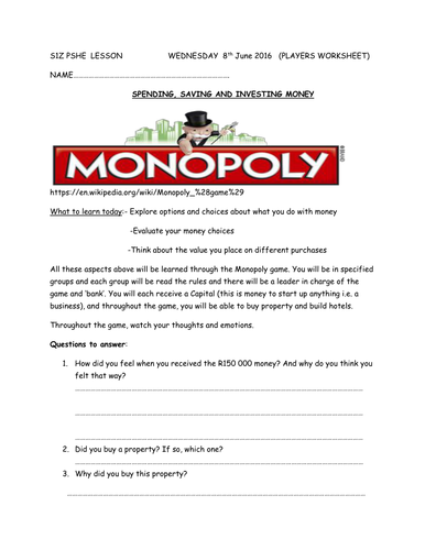 Learning the value of money using the Monopoly Game | Teaching Resources