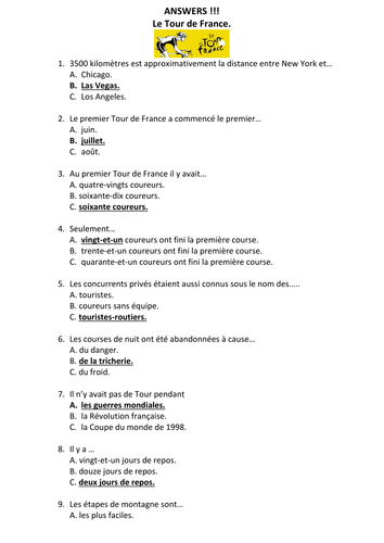 French Teaching Resources. Le Tour de France. Cyclisme. Cycling ...