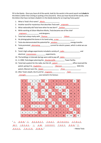 Nikola Tesla Biography and Wordsearch | Teaching Resources