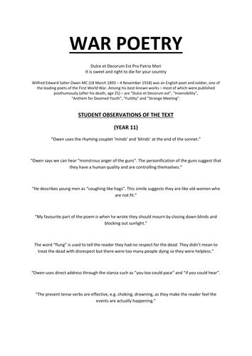 WAR POETRY - WILFRED OWEN | Teaching Resources
