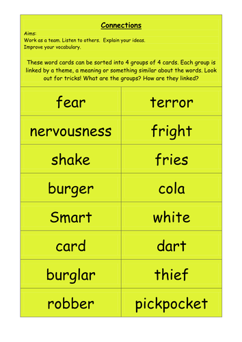Connections vocabulary game | Teaching Resources