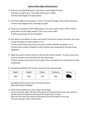 Reverse Mean And Combining Datasets Worksheet Teaching Resources