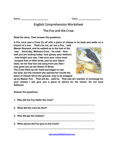 English Comprehension Worksheet "The Fox and the Crow" | Teaching Resources