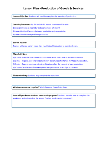 Production of Goods and Services | Teaching Resources