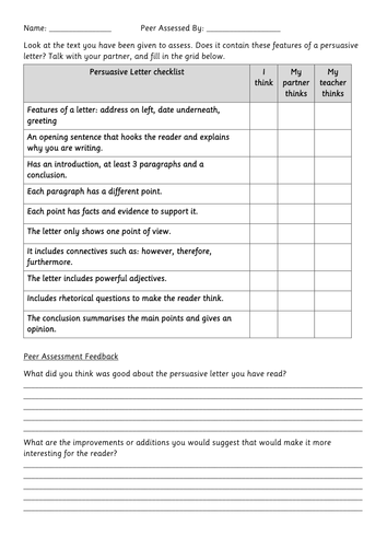 Lower KS2 Persuasive Letter Checklist - Self Peer and Teacher ...