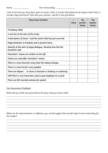Lower KS2 Play Script Checklist - Self Peer and Teacher Assessment ...