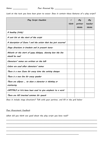 Lower KS2 Play Script Checklist - Self Peer and Teacher Assessment ...
