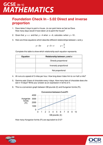 OCR Maths: Foundation GCSE - Check In Test 5.02 Direct and inverse ...