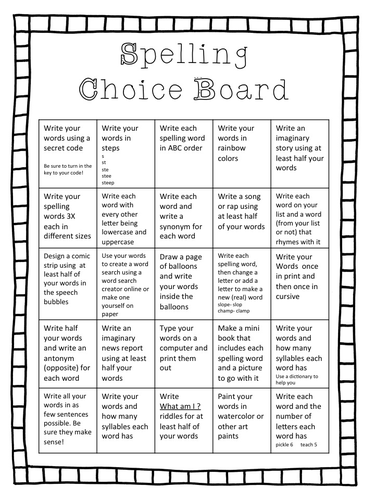 Spelling Choice Boards | Teaching Resources