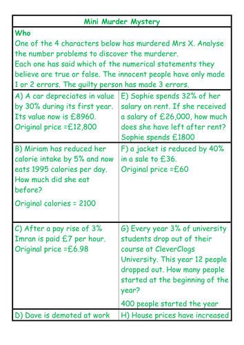 Reverse percentages mini murder mystery | Teaching Resources