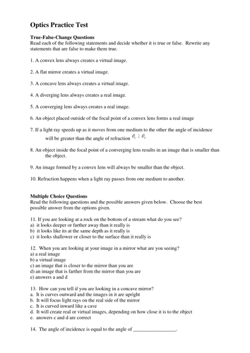 Optics test | Teaching Resources