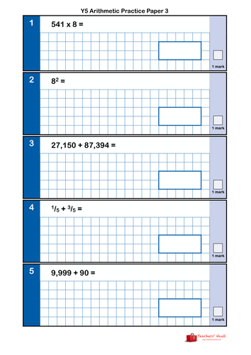 Y5 Arithmetic Practice Paper 3 by - UK Teaching Resources - TES